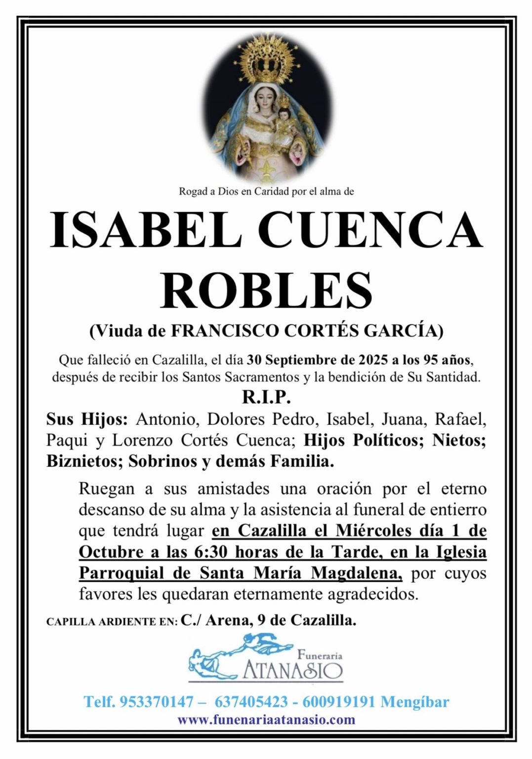 Dª ISABEL CUENCA ROBLES | Funeraria Atanasio