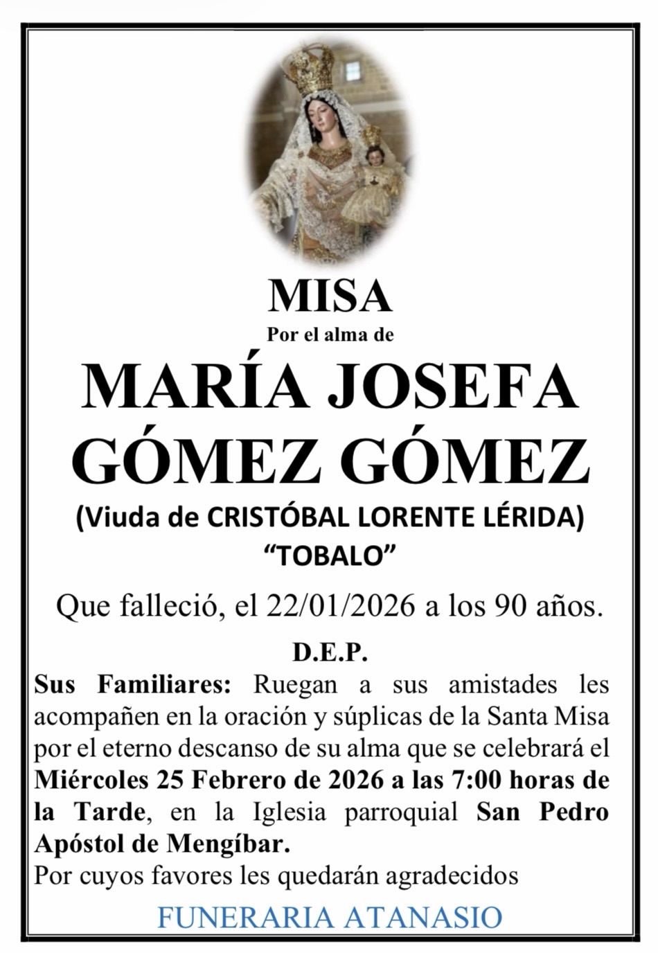 Dª MARÍA JOSEFA GÓMEZ GÓMEZ | Funeraria Atanasio
